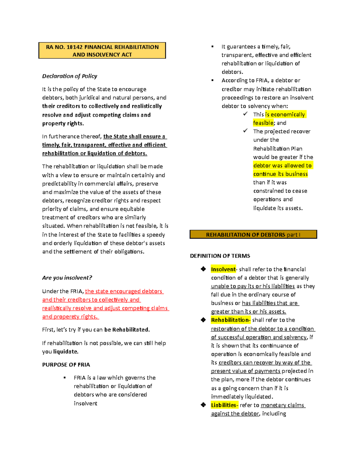 LAW Reviewers - this documents covers the corp rehabilitation, FRIA ...