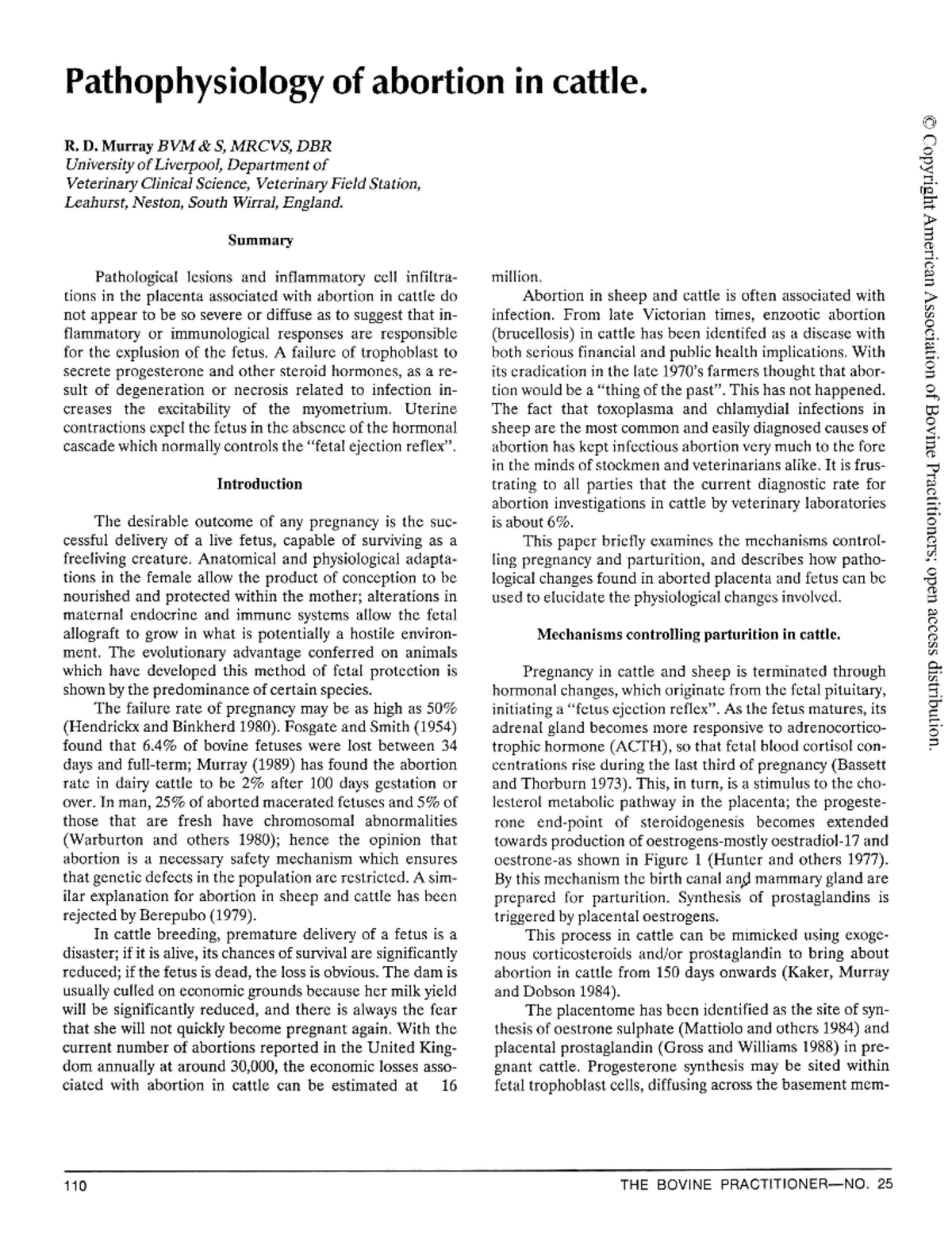 Pathophysiology Of Abortion - R. D. Murray BVM & S, MRCVS, DBR ...