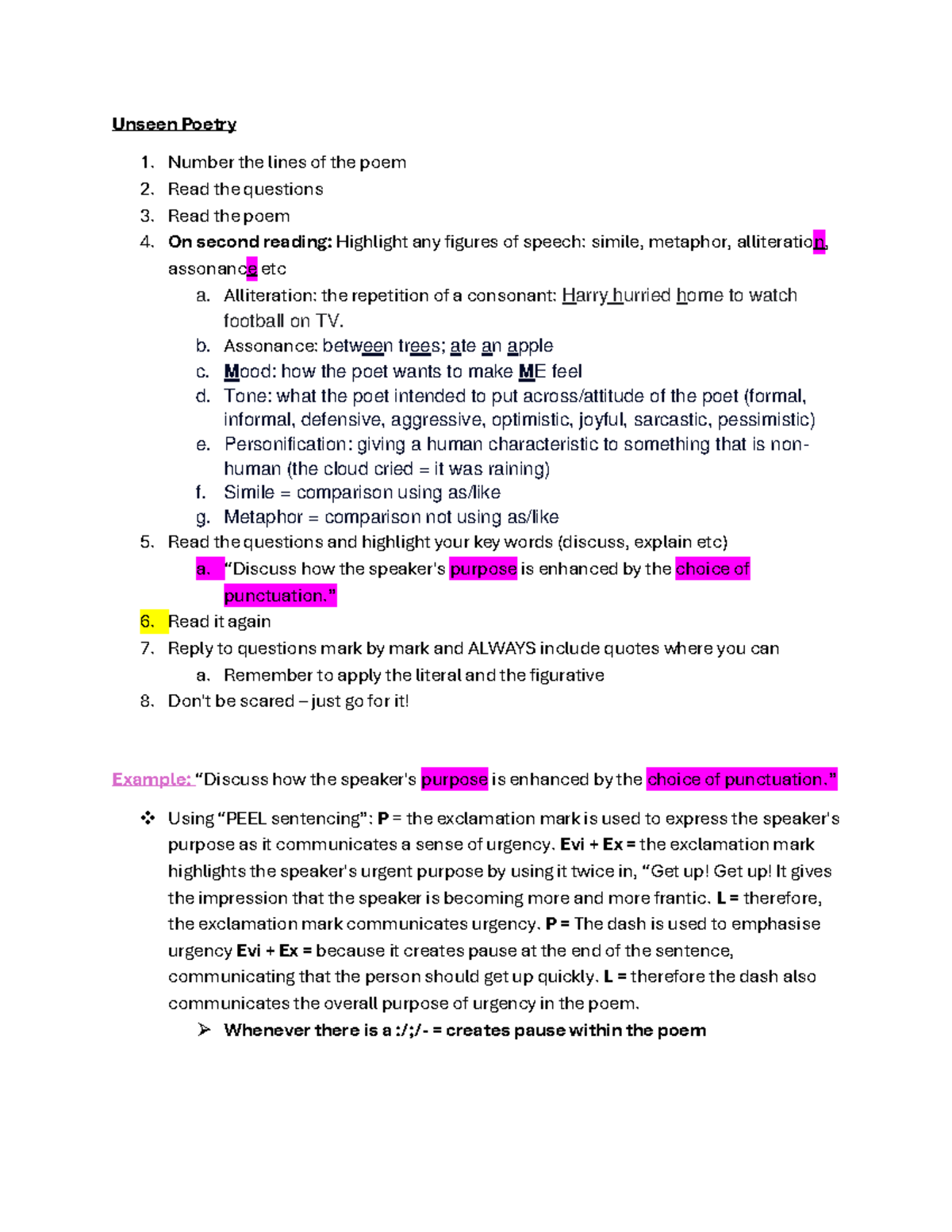 Unseen Poetry - Number the lines of the poem 2. Read the questions 3 ...