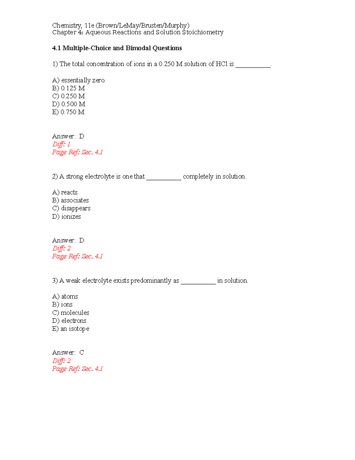 Testbank Ch04 - Chemistry, 11e (Brown/LeMay/Brusten/Murphy) - Chapter 4 ...
