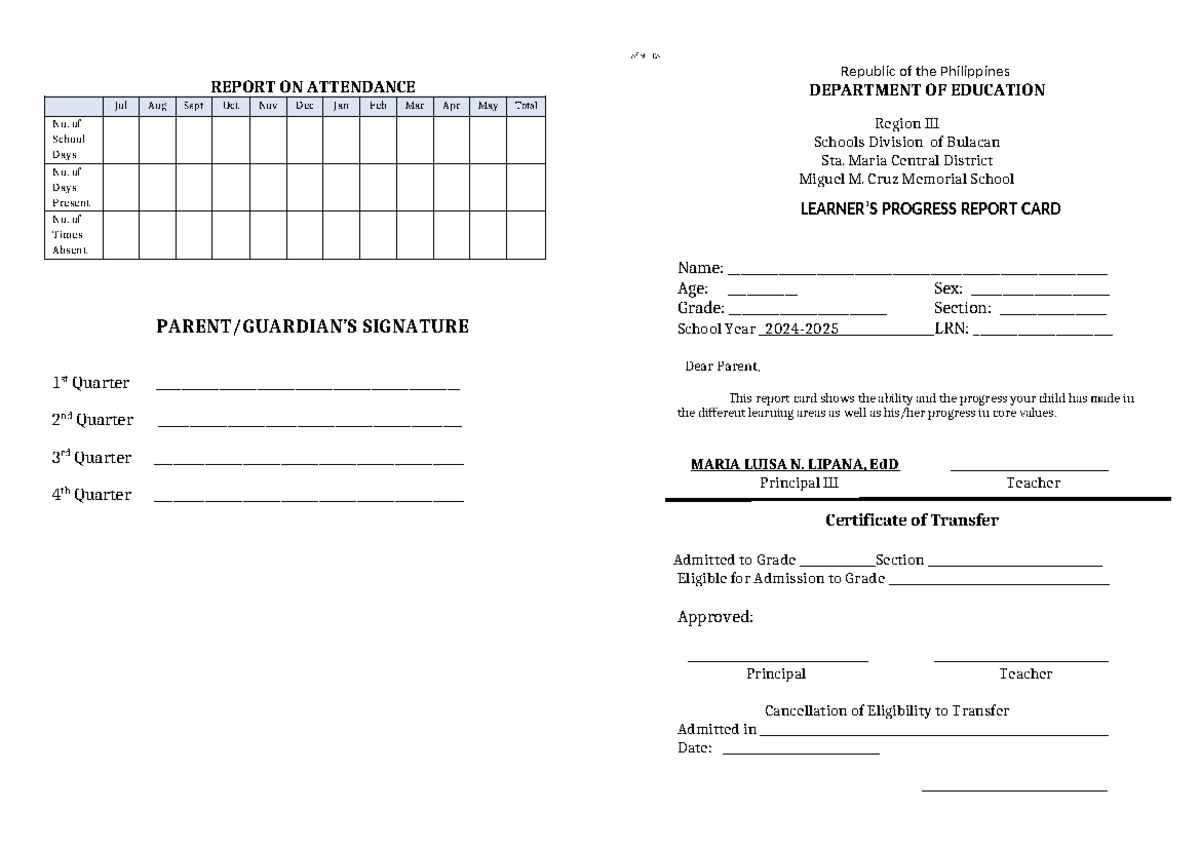 SF9 Learners Progress Report Card Template for Grade ONE - REPORT ON ...