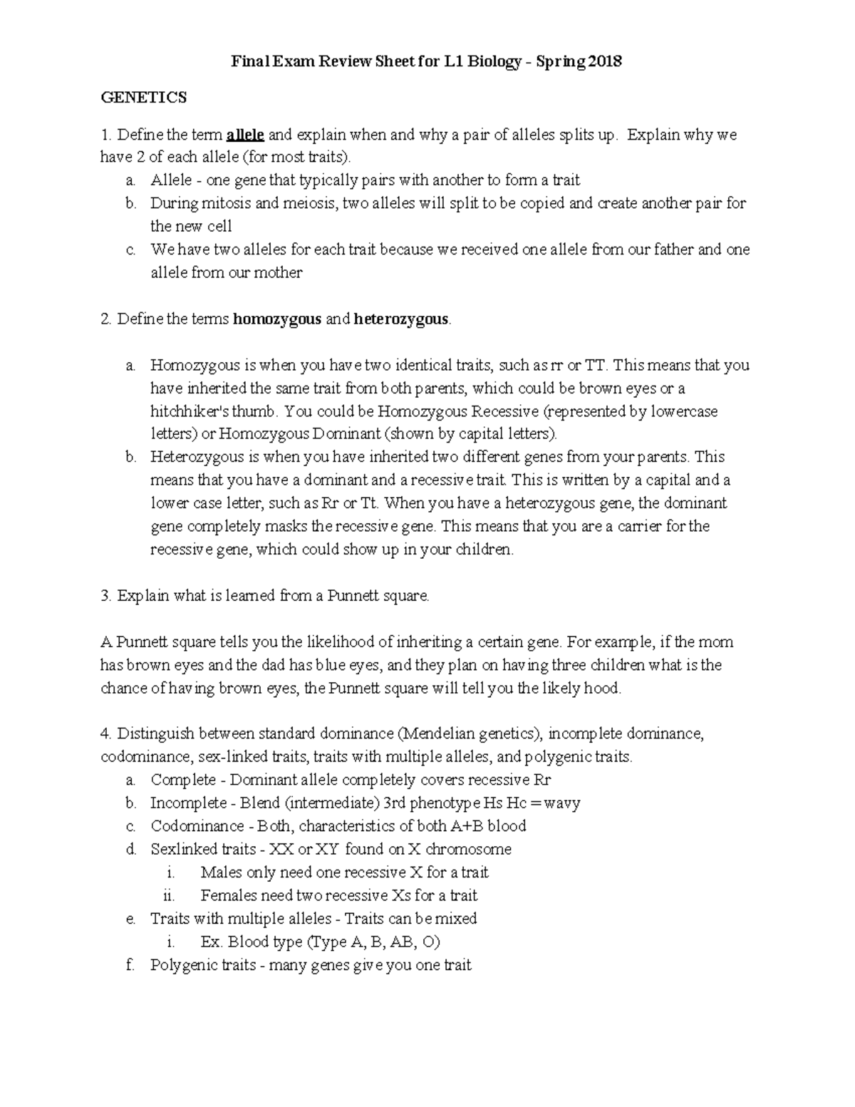 Biology Review - Final Exam Review Sheet for L1 Biology - Spring 2018 ...