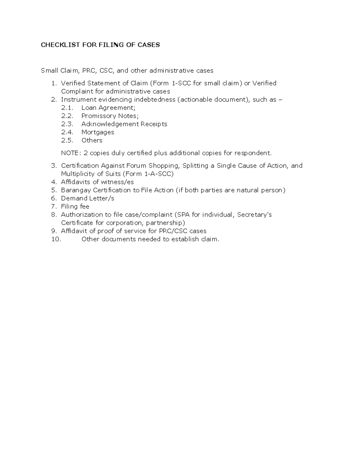 Checklist FOR Filing OF Cases - CHECKLIST FOR FILING OF CASES Small ...