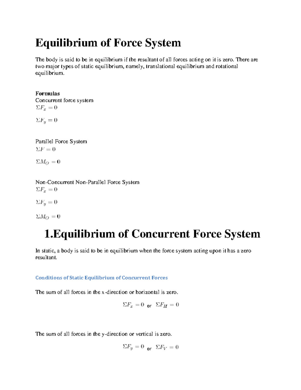 Equilibrium of Force System - There are two major types of static ...