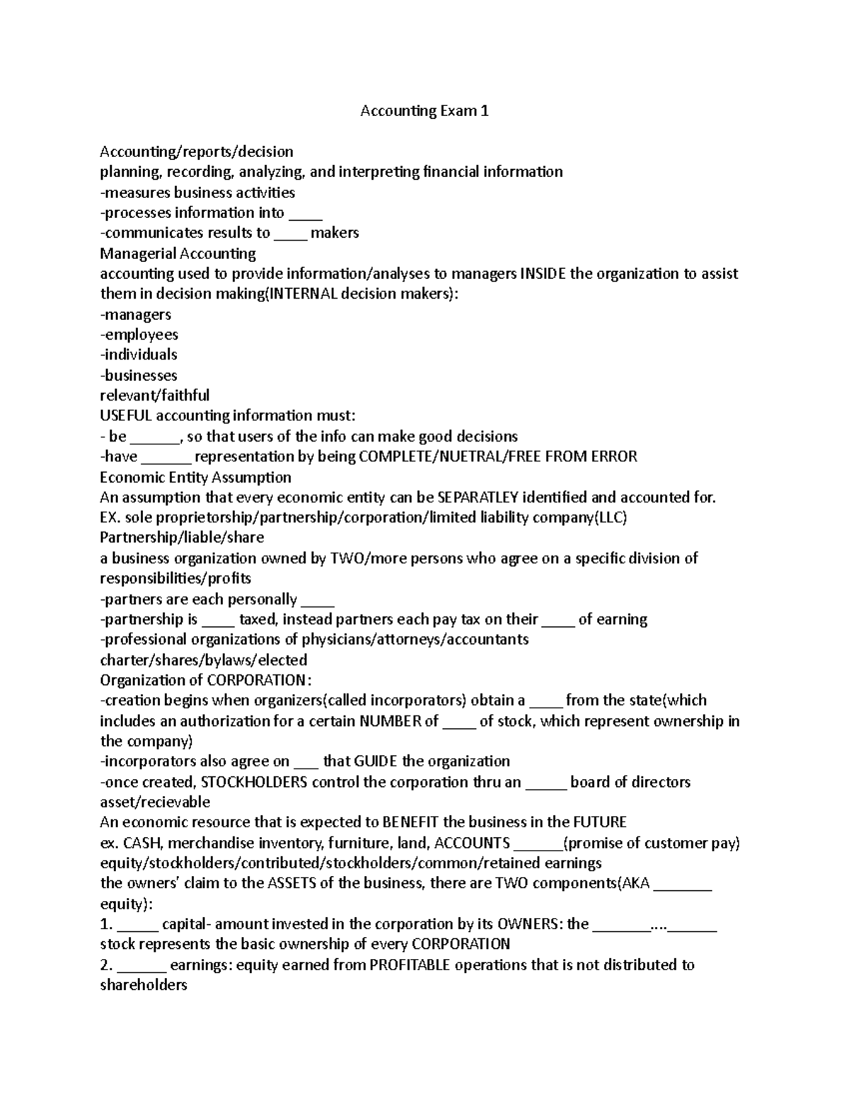 Accounting Exam 1 - EX. sole proprietorship/partnership/corporation ...