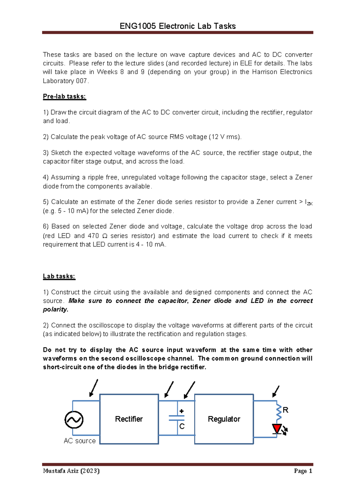 ENG1005 Electronic Lab Tasks - ENG1005 Electronic Lab Tasks Mustafa Aziz (2023) Page 1 These ...