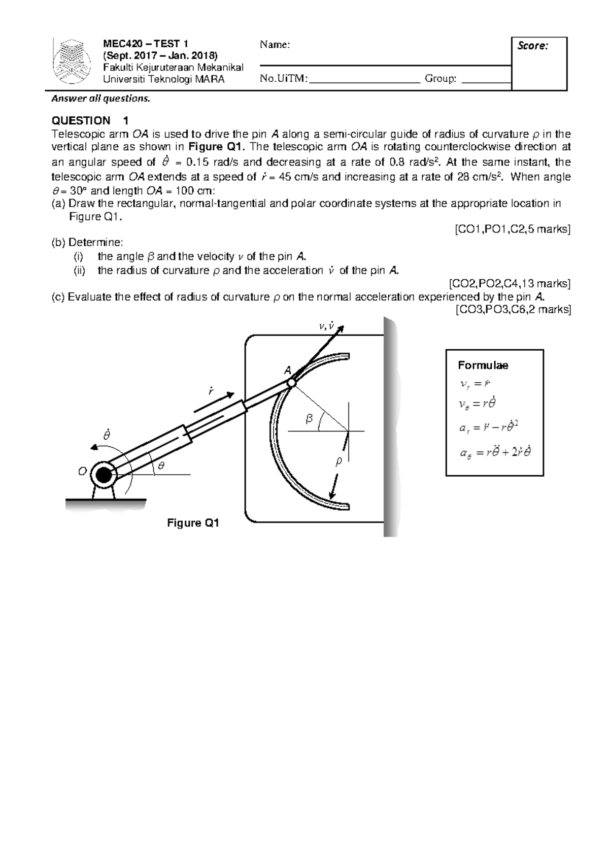 Dynamics test 1 2017 - test answers - MEC420 – TEST 1 (Sept. 2017 – Jan ...