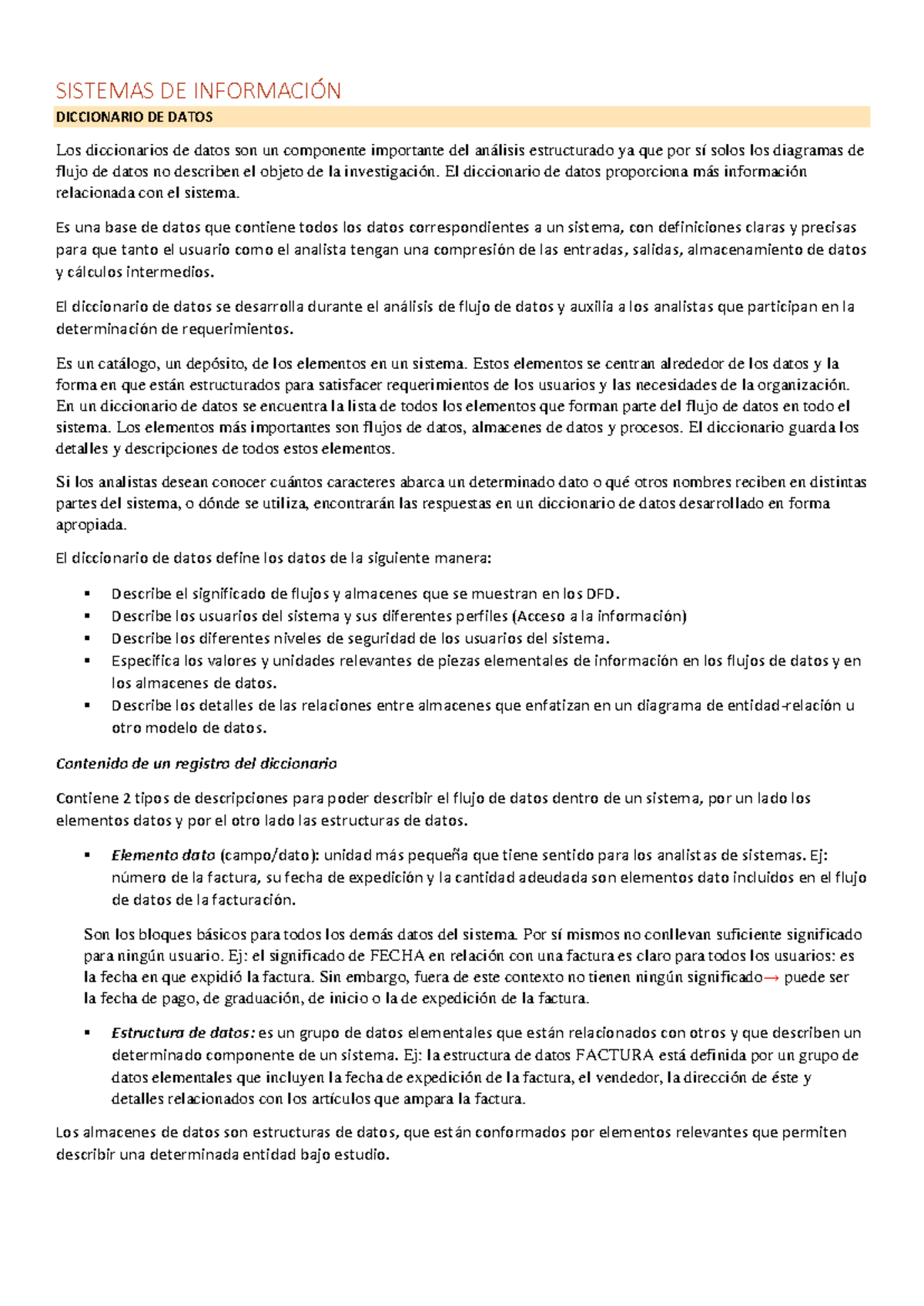 Sistemas DE Información (2DO Parcial) - SISTEMAS DE INFORMACIÓN DICCIONARIO DE DATOS Los - Studocu