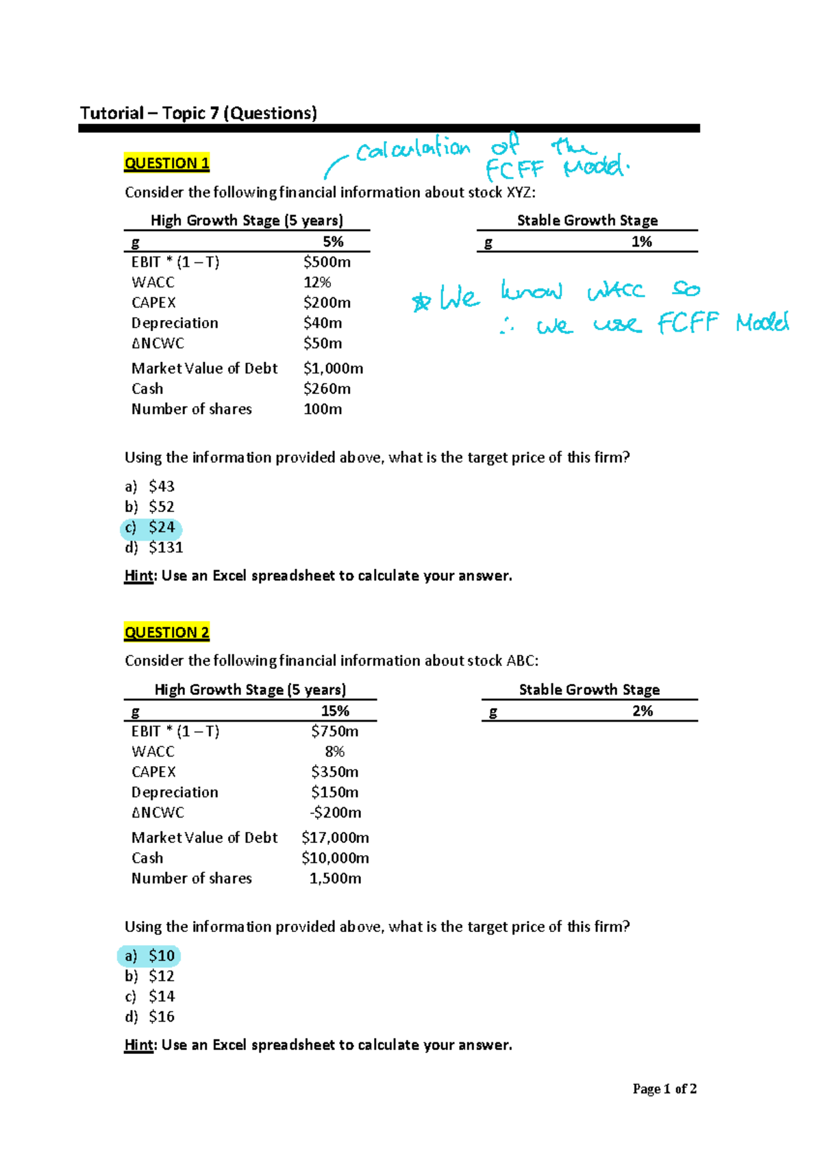 Topic 7 tut - notes - Page 1 of 2 Tutorial – Topic 7 (Questions ...
