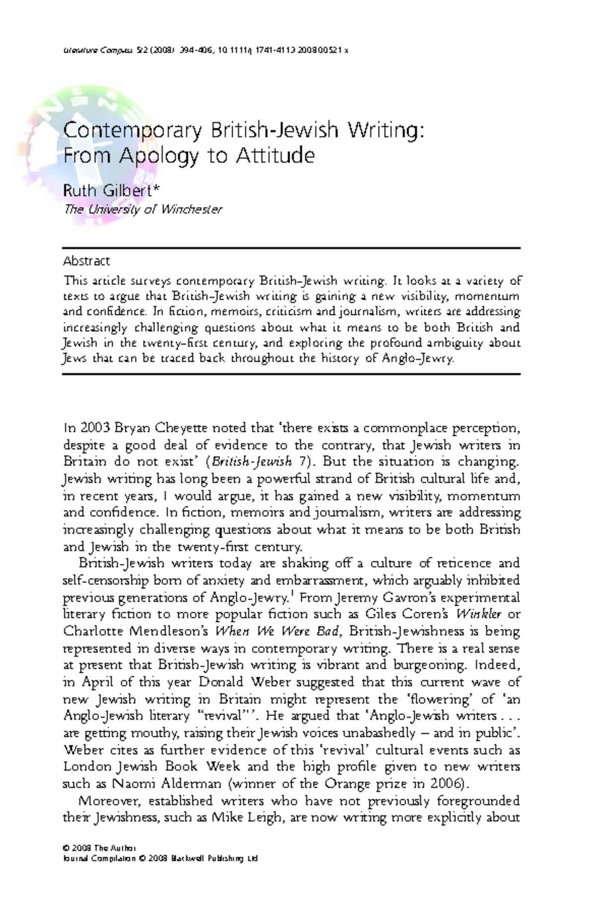 Contemporary British-Jewish Writing - © 2008 The Author Literature ...