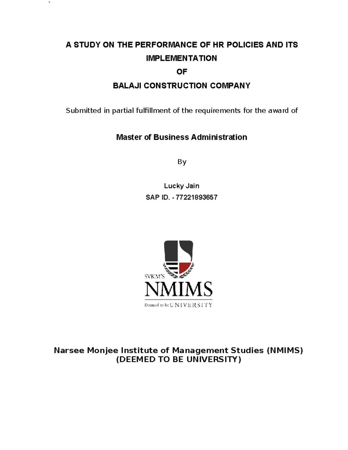Project - Nmims - A STUDY ON THE PERFORMANCE OF HR POLICIES AND ITS ...