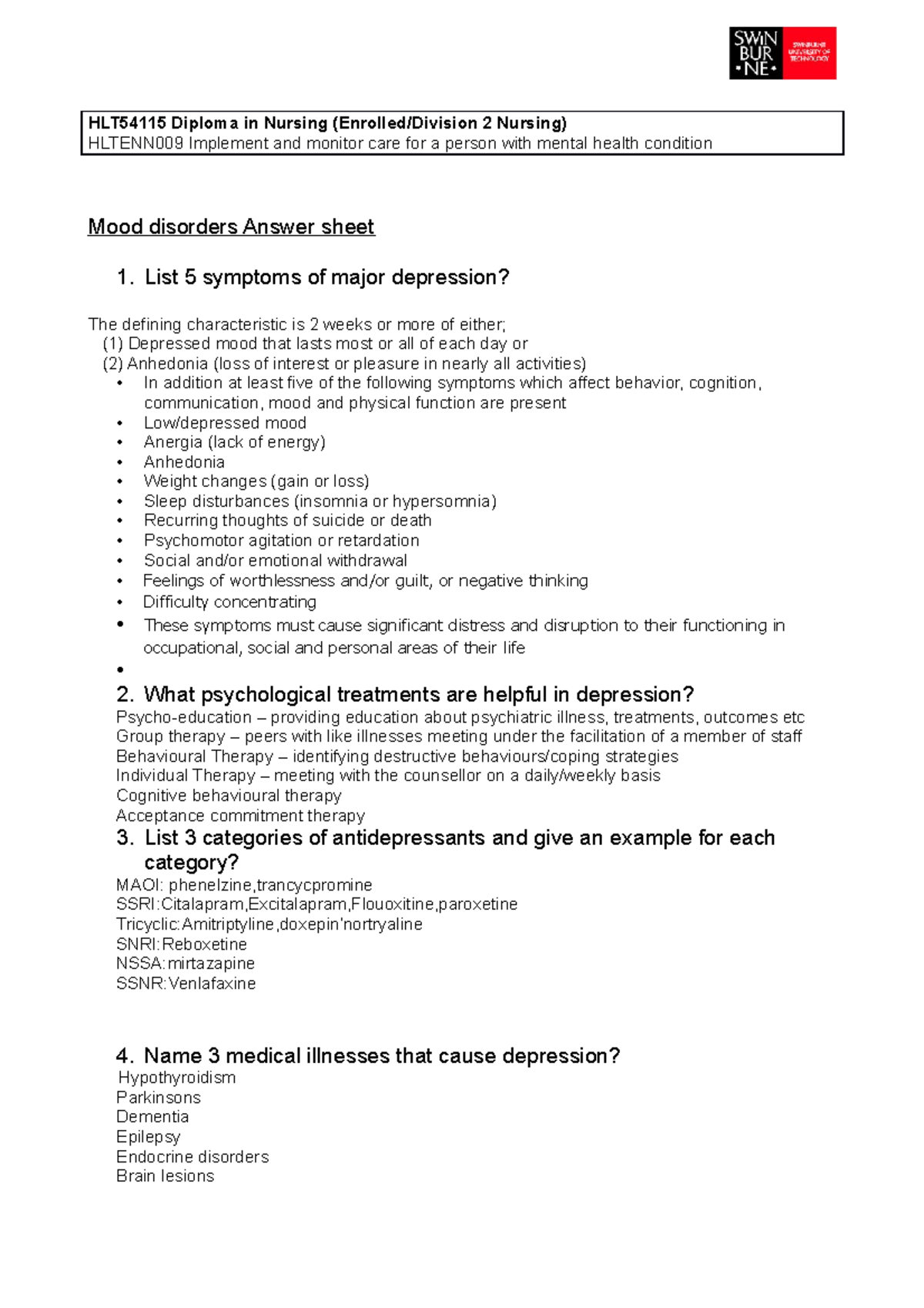 Mood Disorders answers - HLT54115 Diploma in Nursing (Enrolled/Division ...