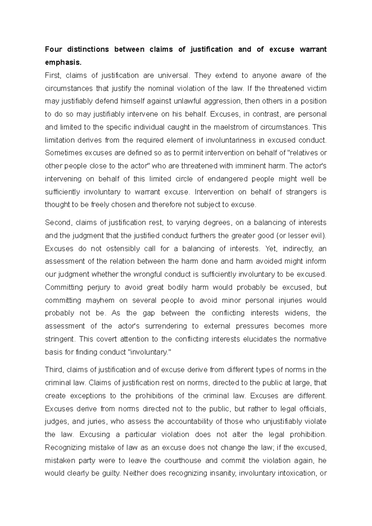 Distinctions between Justification and an Excuse - Four distinctions ...