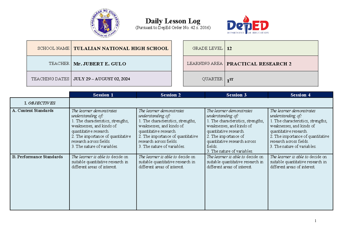 Practical Research 2 WEEK 1 - 1 Daily Lesson Log (Pursuant to DepEd ...