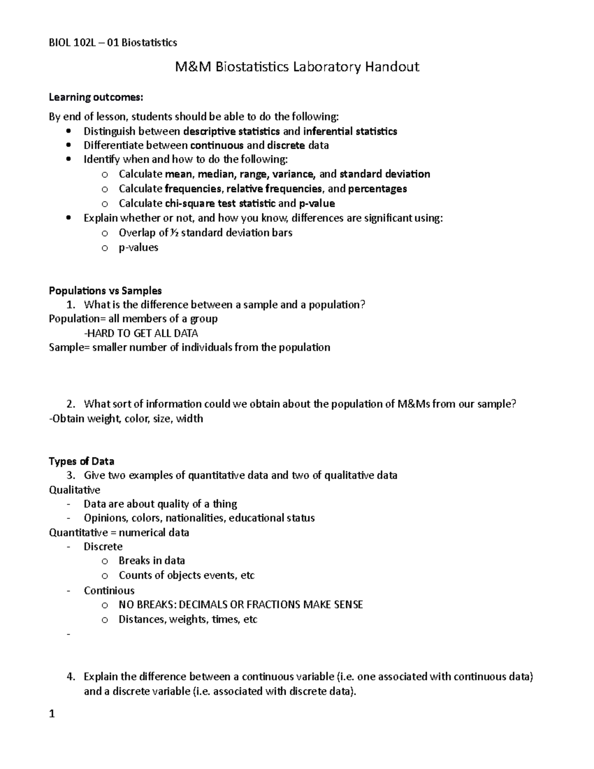 BIOL 102 L Sp23 Handout 01 Biostatistics - M&M Biostatistics Laboratory Handout Learning - Studocu