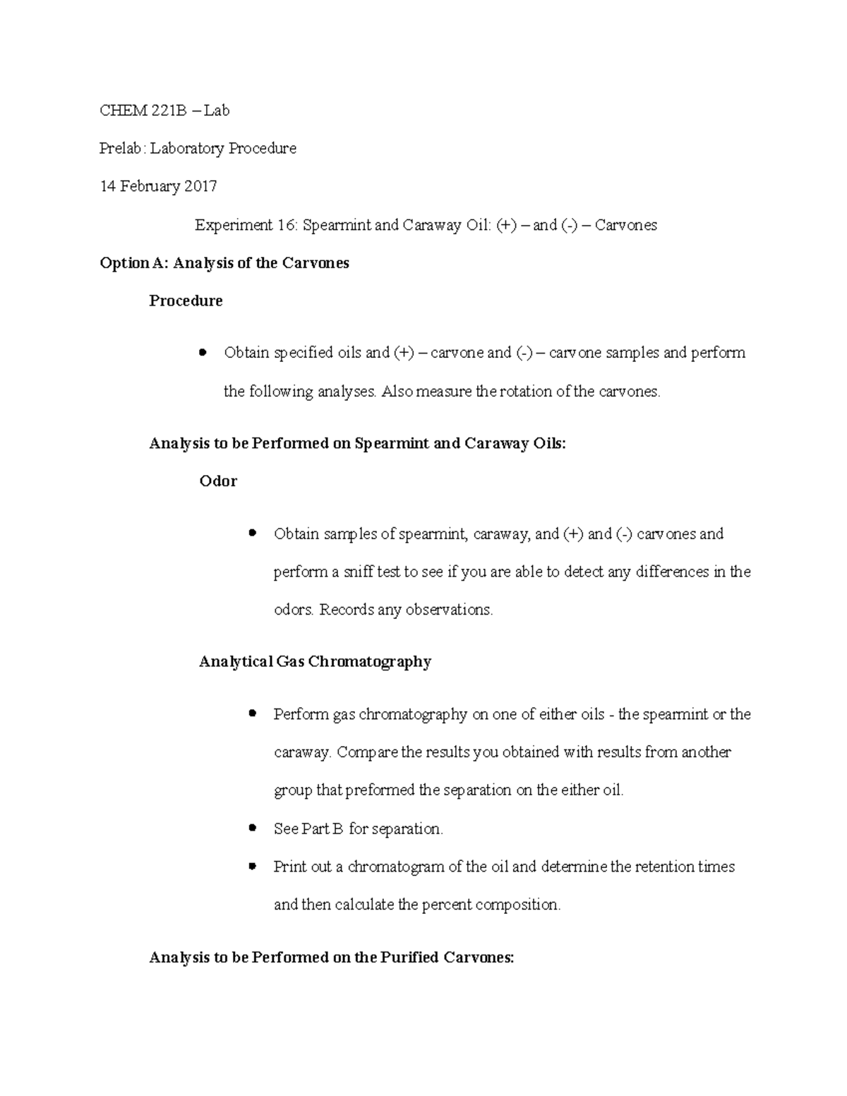 Week 6 Laboratory Procedure - CHEM 221B – Lab Prelab: Laboratory ...