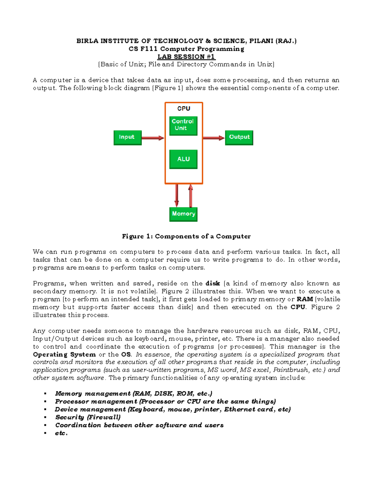 CS F111 Lab 1 - /.. - BIRLA INSTITUTE OF TECHNOLOGY & SCIENCE, PILANI (RAJ.) CS F111 Computer ...