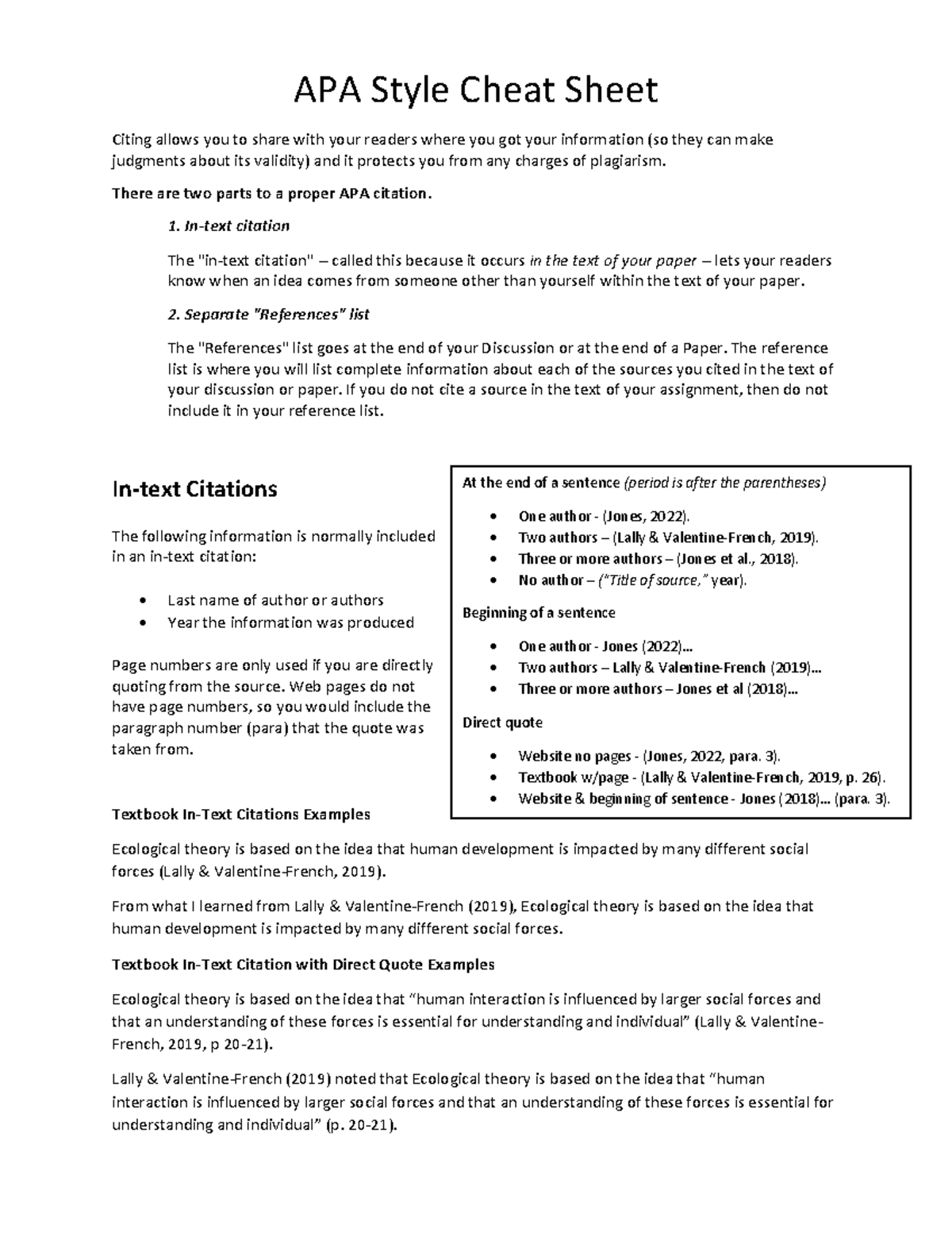 APA Style Cheat Sheet - APA Style Cheat Sheet Citing allows you to ...