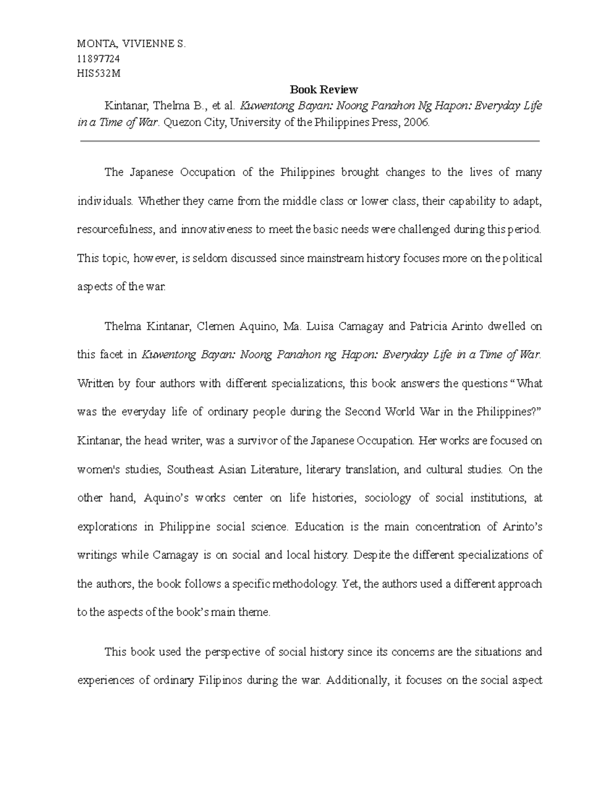 Kuwentong Bayan - Book review - MONTA, VIVIENNE S. 11897724 HIS532M ...