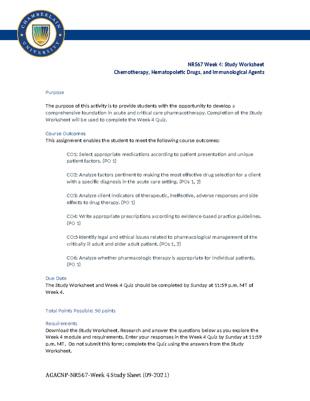 Week 4 Study Worksheet - NR567 Week 4: Study Worksheet Chemotherapy ...