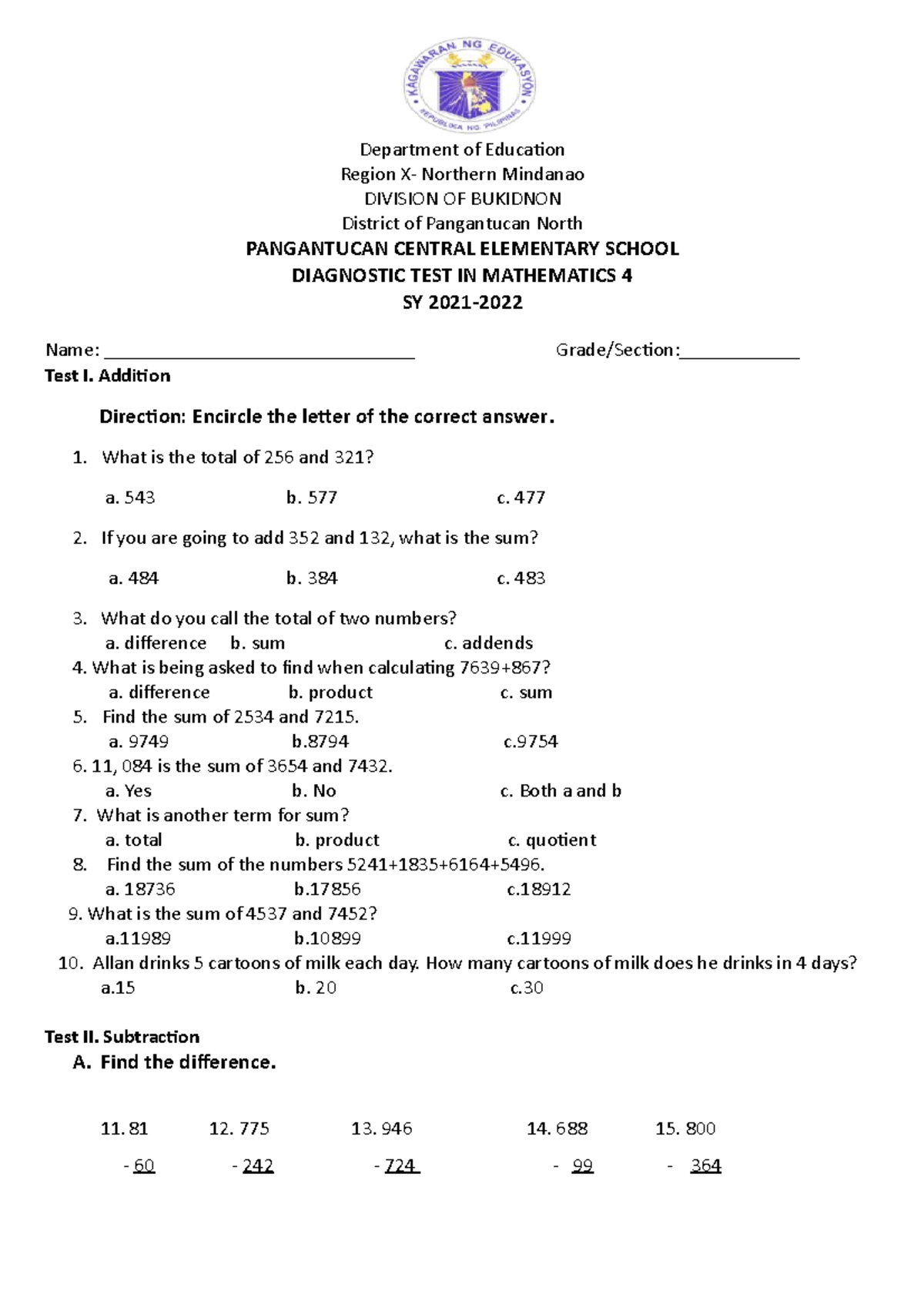 Diagnostic Test in Numeracy Grade 4 - Department of Education Region X ...
