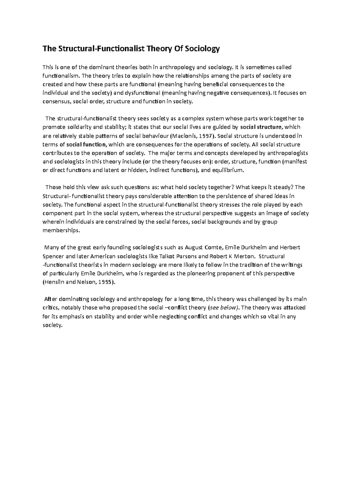 Document - This lecturer note describes the structural functionalist ...