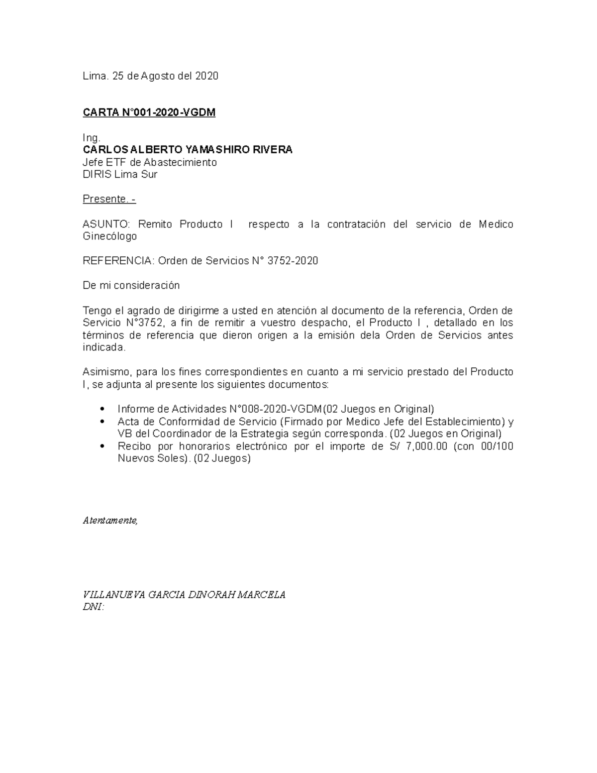Carta DE Informe Producto I - Lima. 25 de Agosto del 2020 CARTA N°001 ...