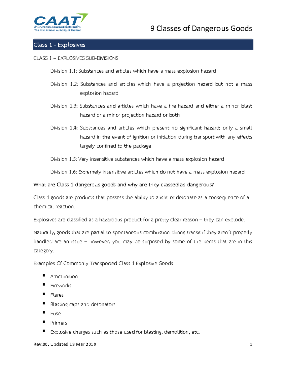 9 Classes of Dangerous Goods - Class 1 - Explosives CLASS 1 ...