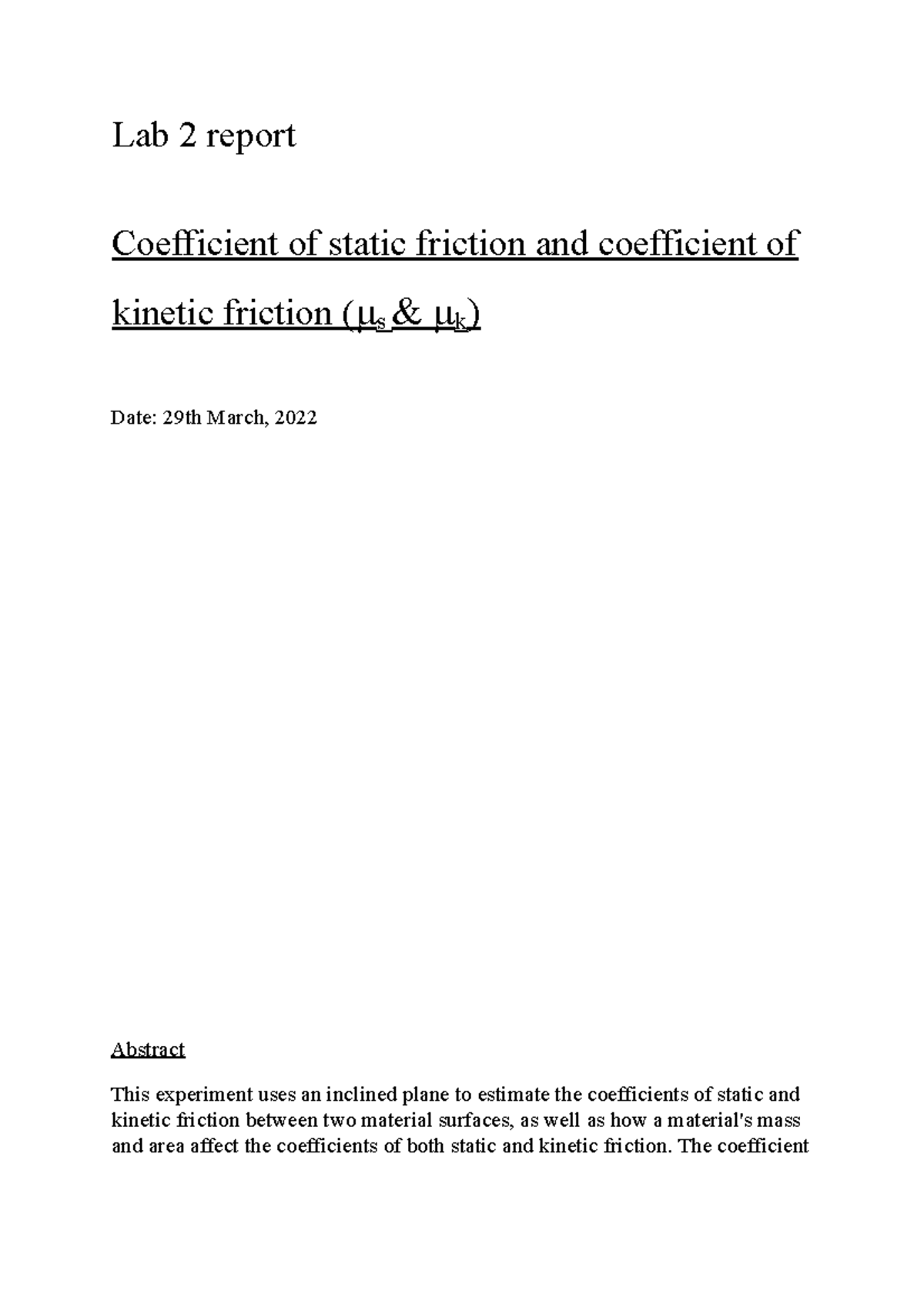 Lab2 - lab 2 - Lab 2 report Coefficient of static friction and ...