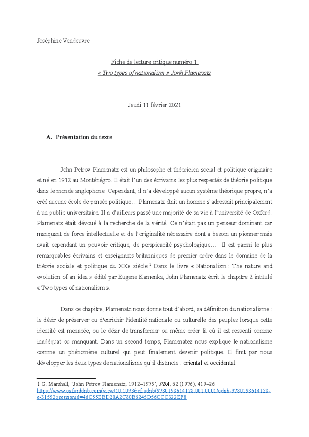 Critique de texte - « Two types of nationalism » Jonh Plamenatz ...