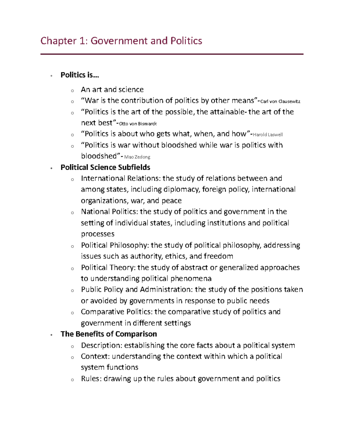 Government and Politics - .. o An art and science o “War is the ...