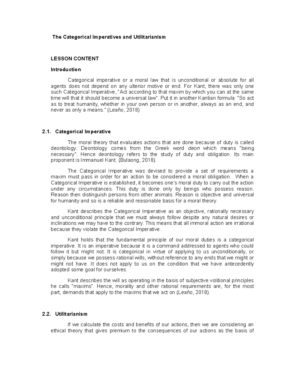 Ethics Summary 21 - For educational purposes - The Categorical ...