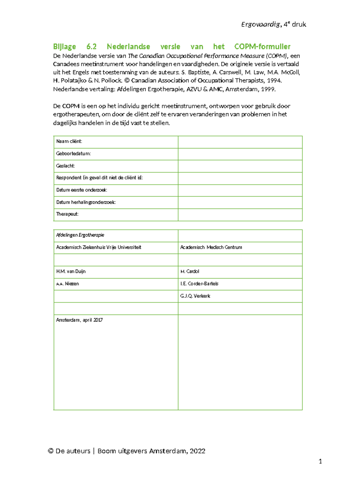 Canadian occupation model (COPM) - Bijlage 6 Nederlandse versie van het ...