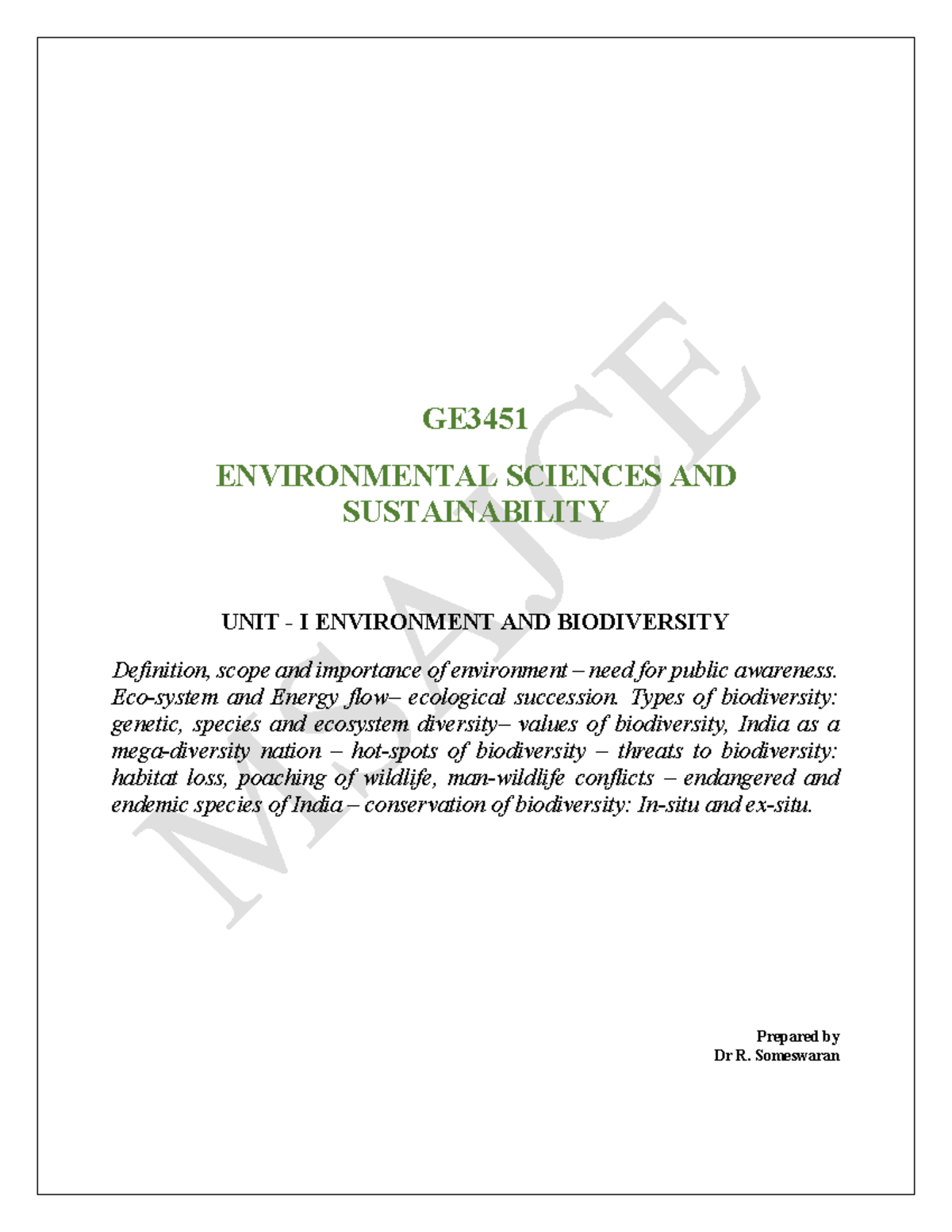 ESS Unit I Notes - GE ENVIRONMENTAL SCIENCES AND SUSTAINABILITY UNIT ...