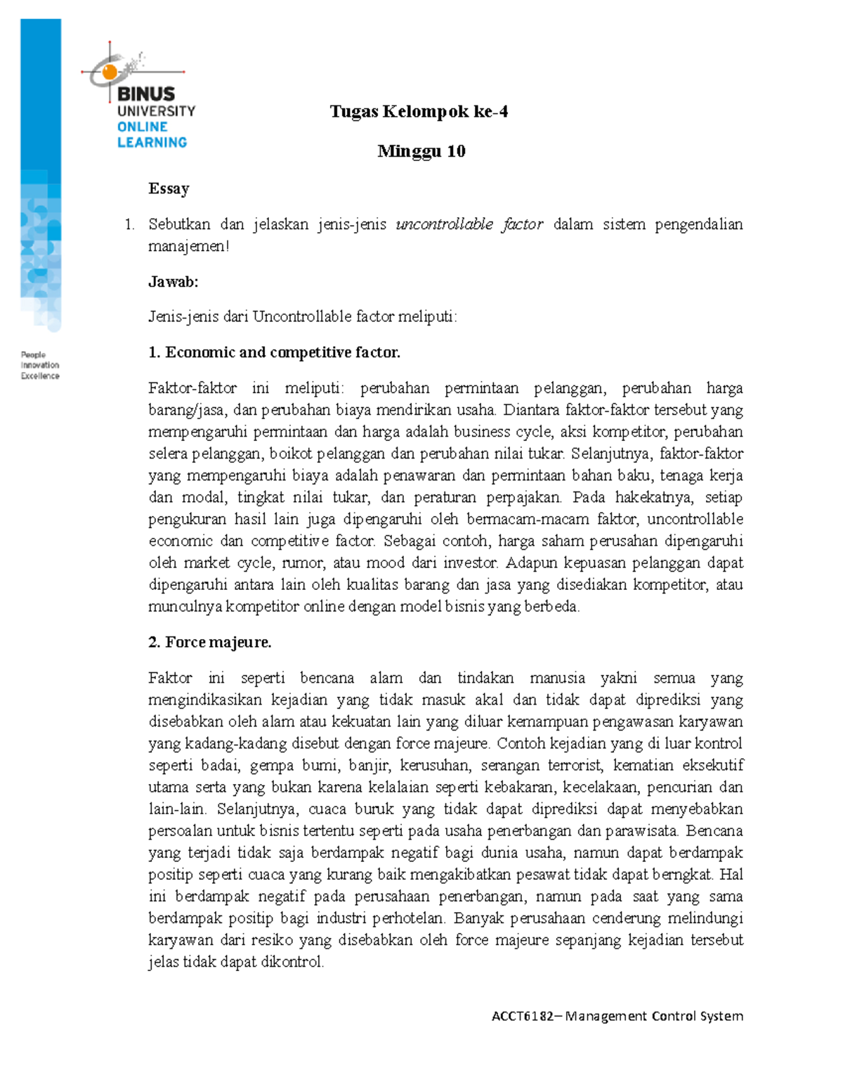Management soal dan pembahasan - Tugas Kelompok ke- Minggu 10 Essay ...
