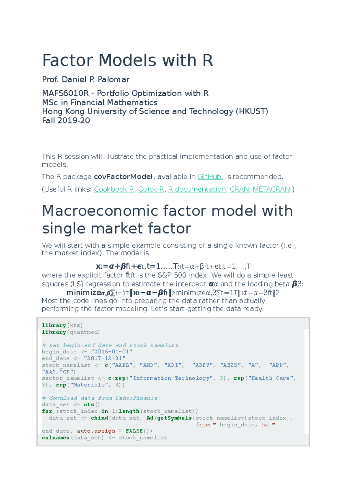 Factor Models with R - Data Analytics with R - Studocu
