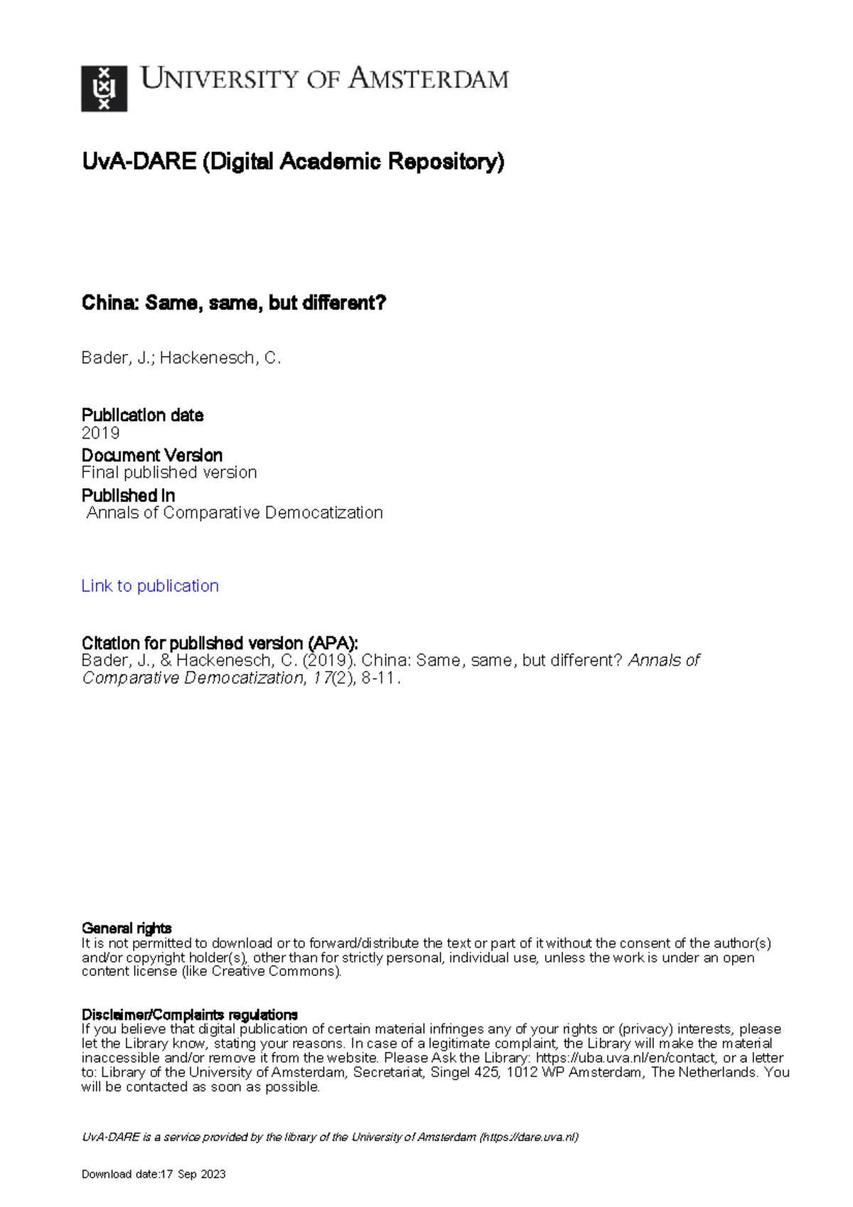 China - POLITICAL SCIENCE LECTURE NOTES - UvA-DARE is a service ...