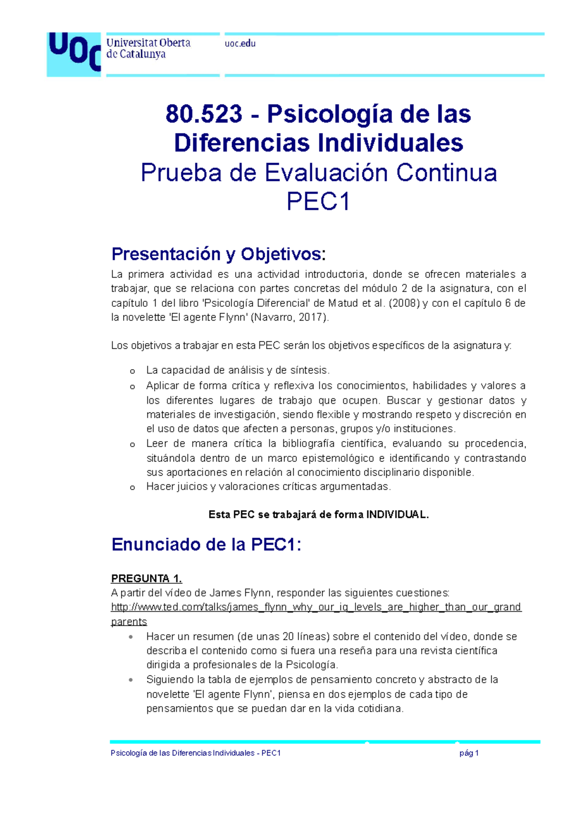 PEC1 - PEC 1 enunciado - 80 - Psicología de las Diferencias Individuales Prueba de Evaluación ...