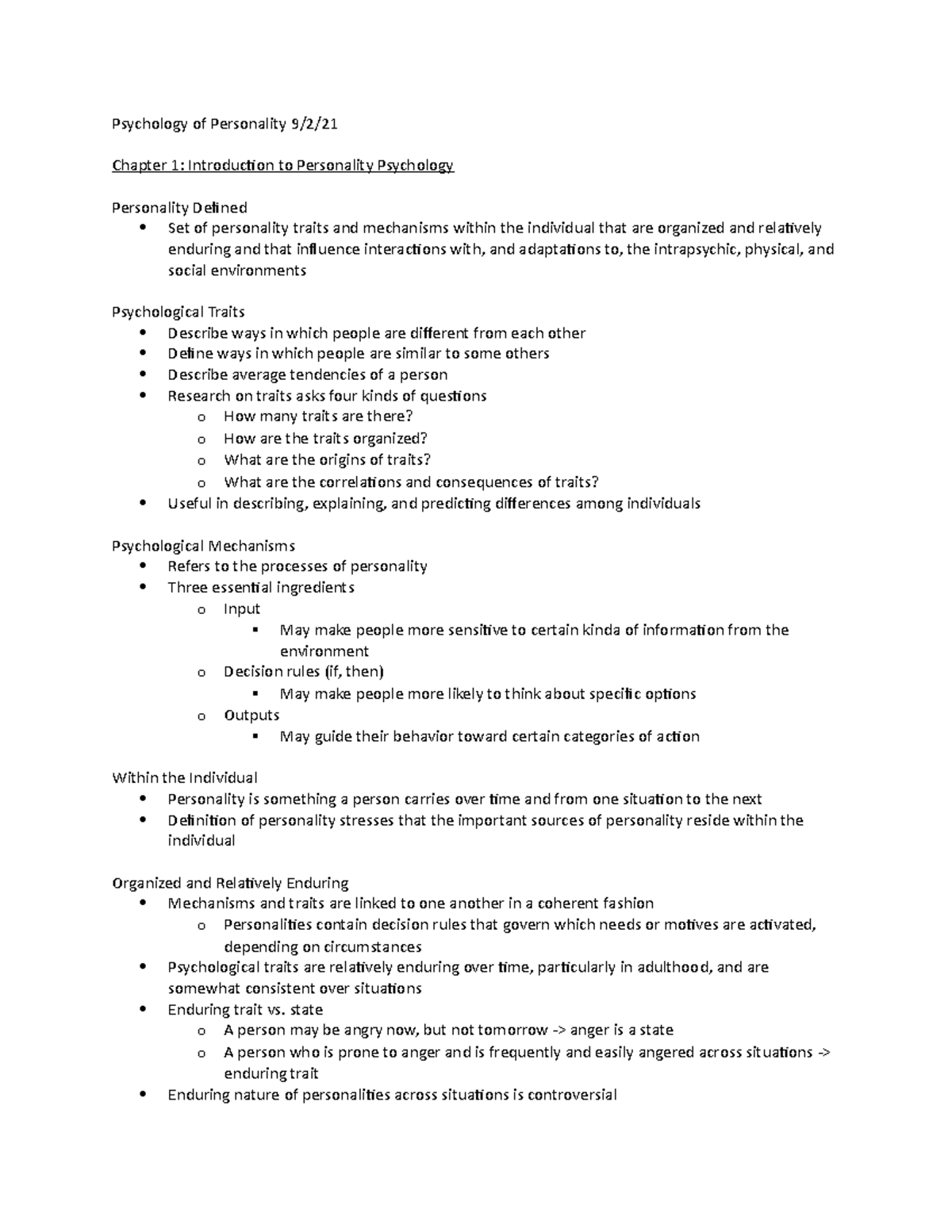 PP Chapter 1 - Lecture notes 1 - Psychology of Personality 9/2/ Chapter ...
