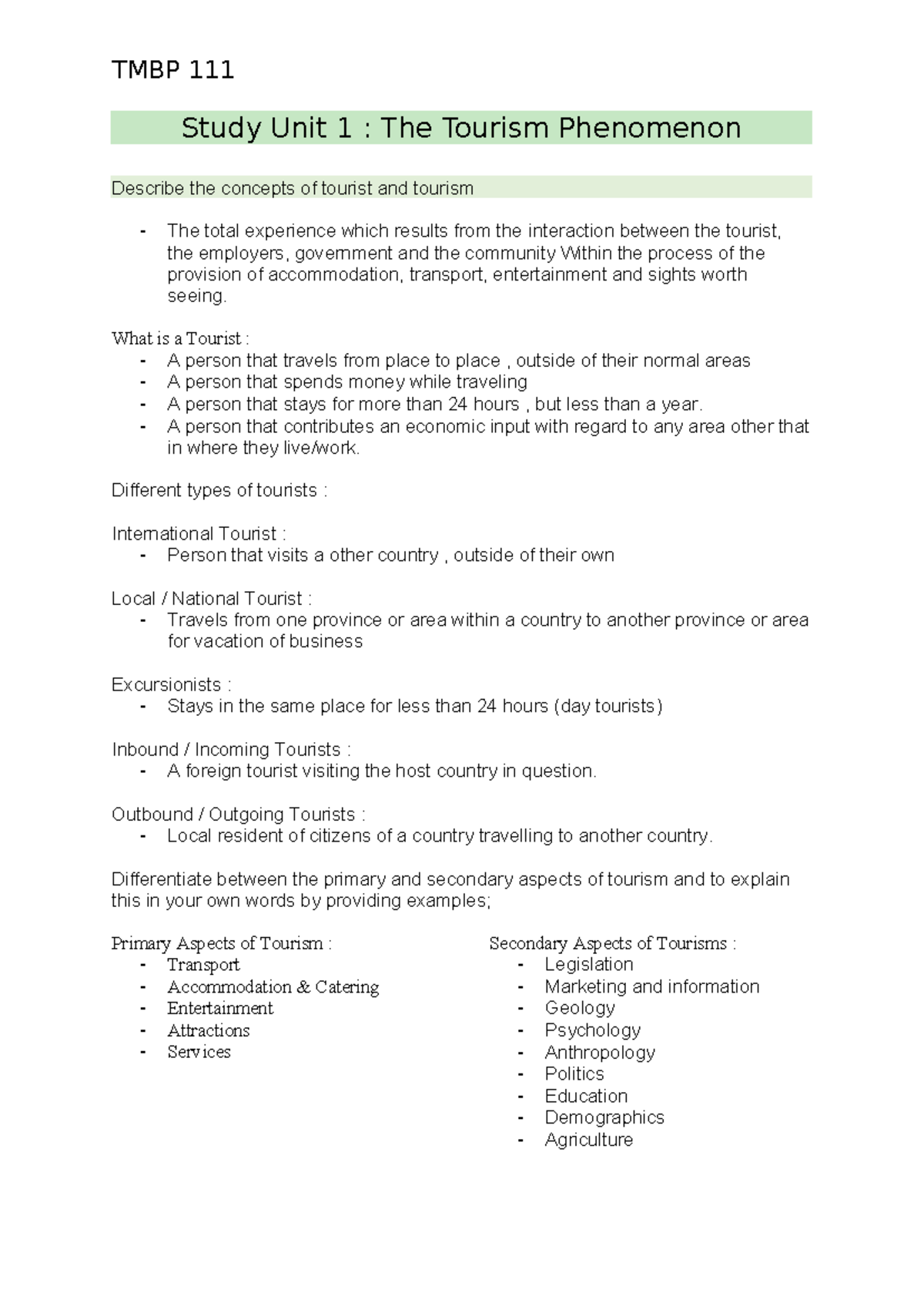 SU 1 - Study Unit 1 : The Tourism Phenomenon Describe the concepts of ...