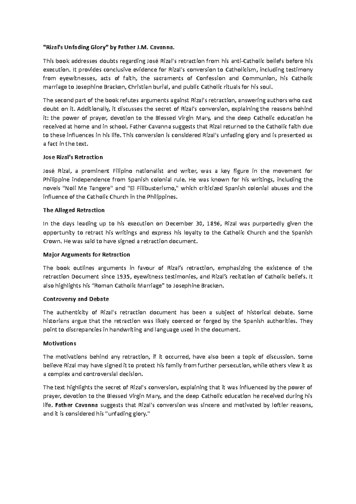 Jose Rizal's Retraction - "Rizal's Unfading Glory" by Father J. Cavanna ...