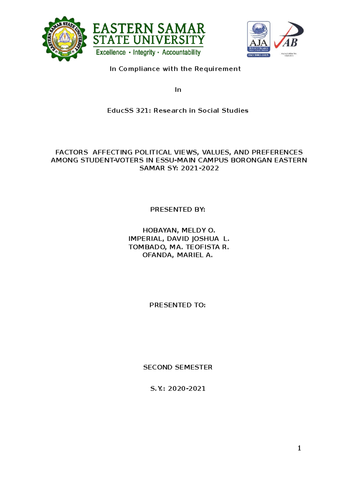 Research Group 3 Soc Sci - In Compliance with the Requirement In EducSS 321: Research in Social ...