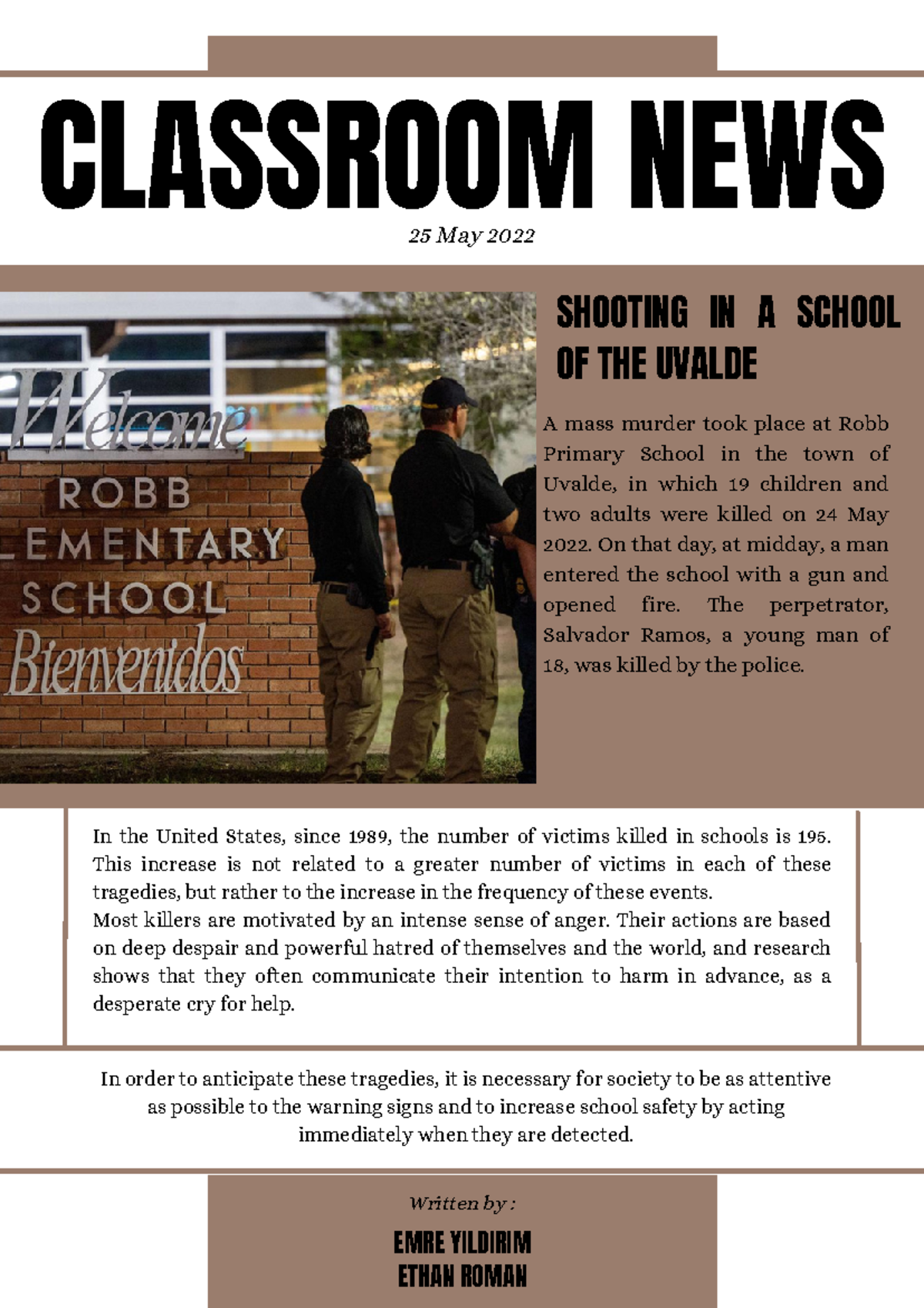 Devoir d'anglais - CLASSROOM NEWS SHOOTING IN A SCHOOL OF THE UVALDE ...