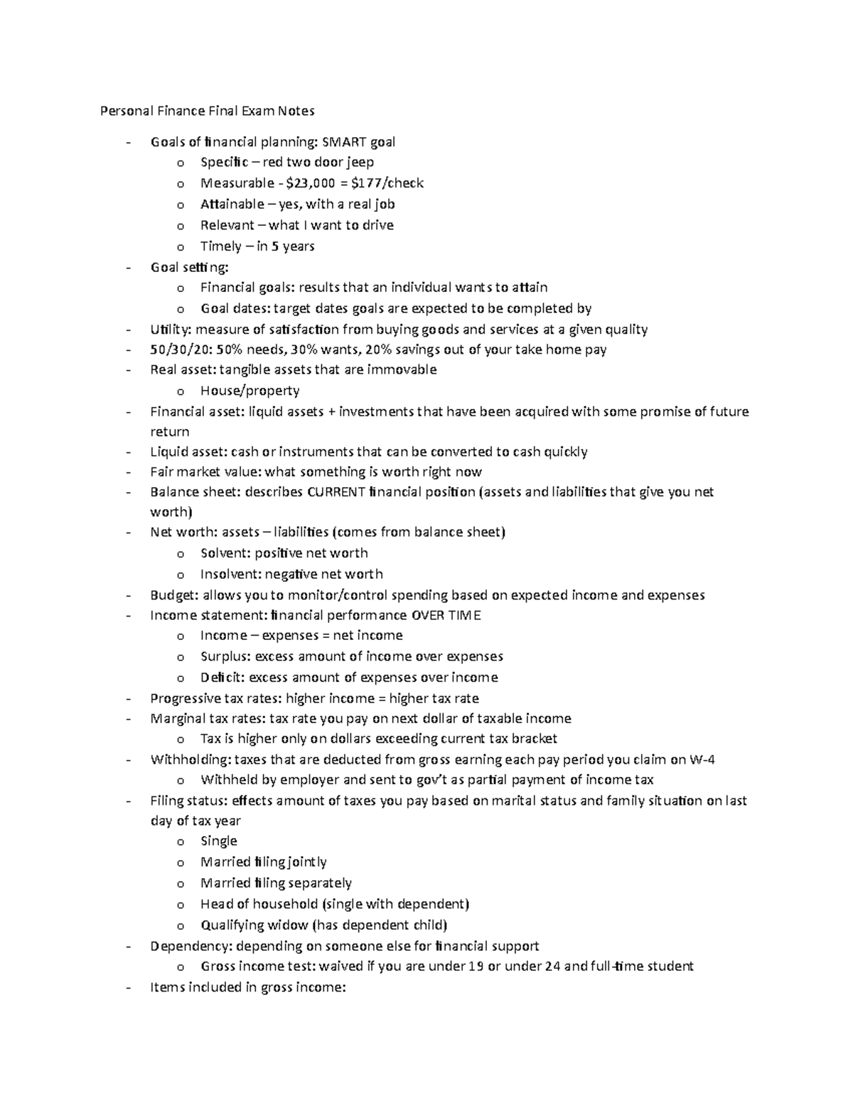 Final notes - Personal Finance Final Exam Notes Goals of financial ...
