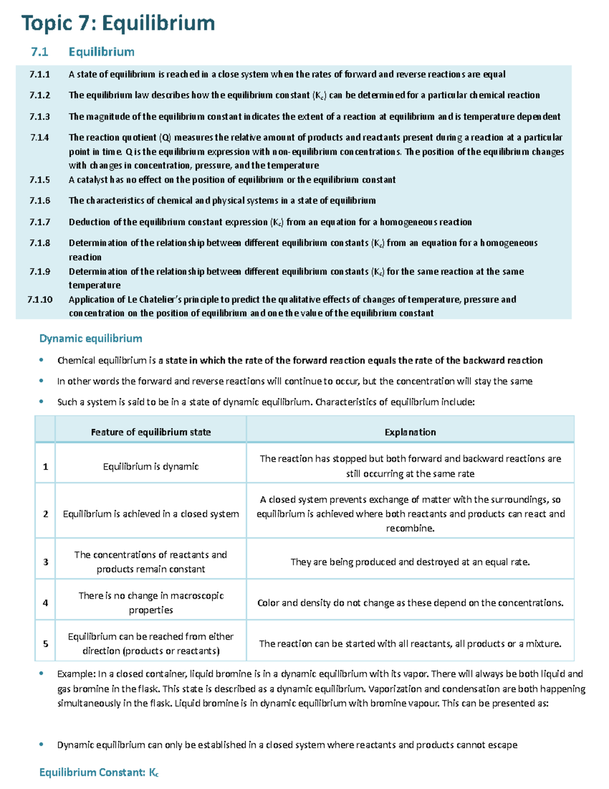 equilibrium notes - Topic 7: Equilibrium 7 Equilibrium 7.1 A state of ...