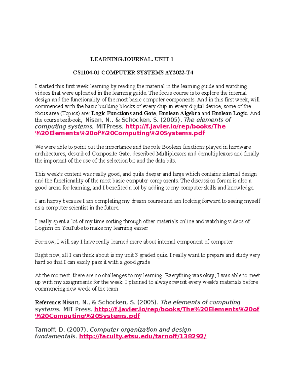 Learning Journal UNIT 1 - LEARNING JOURNAL. UNIT 1 CS1104-01 COMPUTER ...