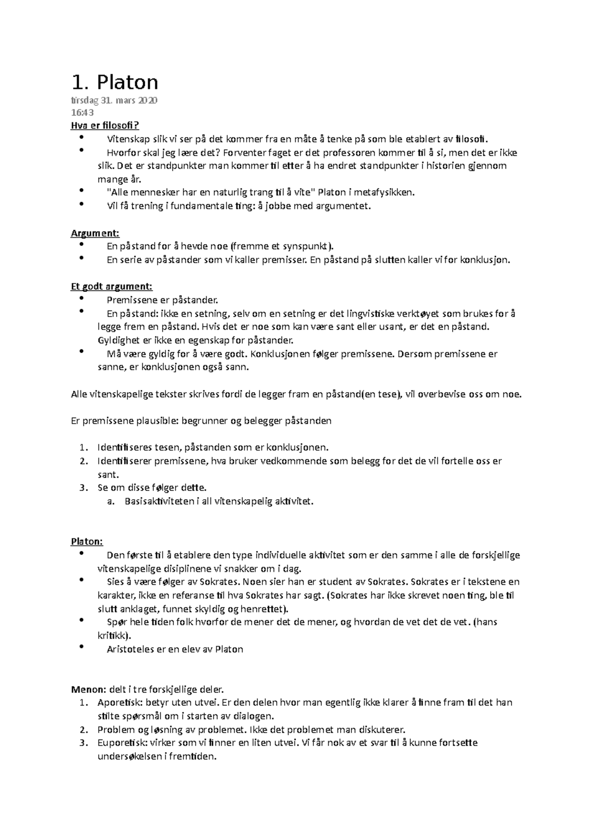 1. Platon - notes - 1. Platon tirsdag 31. mars 2020 16: Hva er filosofi ...