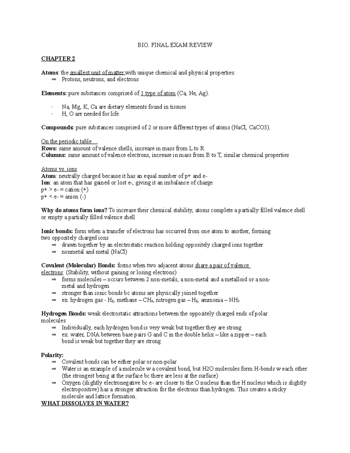 BIO. Final Exam - BIO. FINAL EXAM REVIEW CHAPTER 2 Atoms : the smallest ...