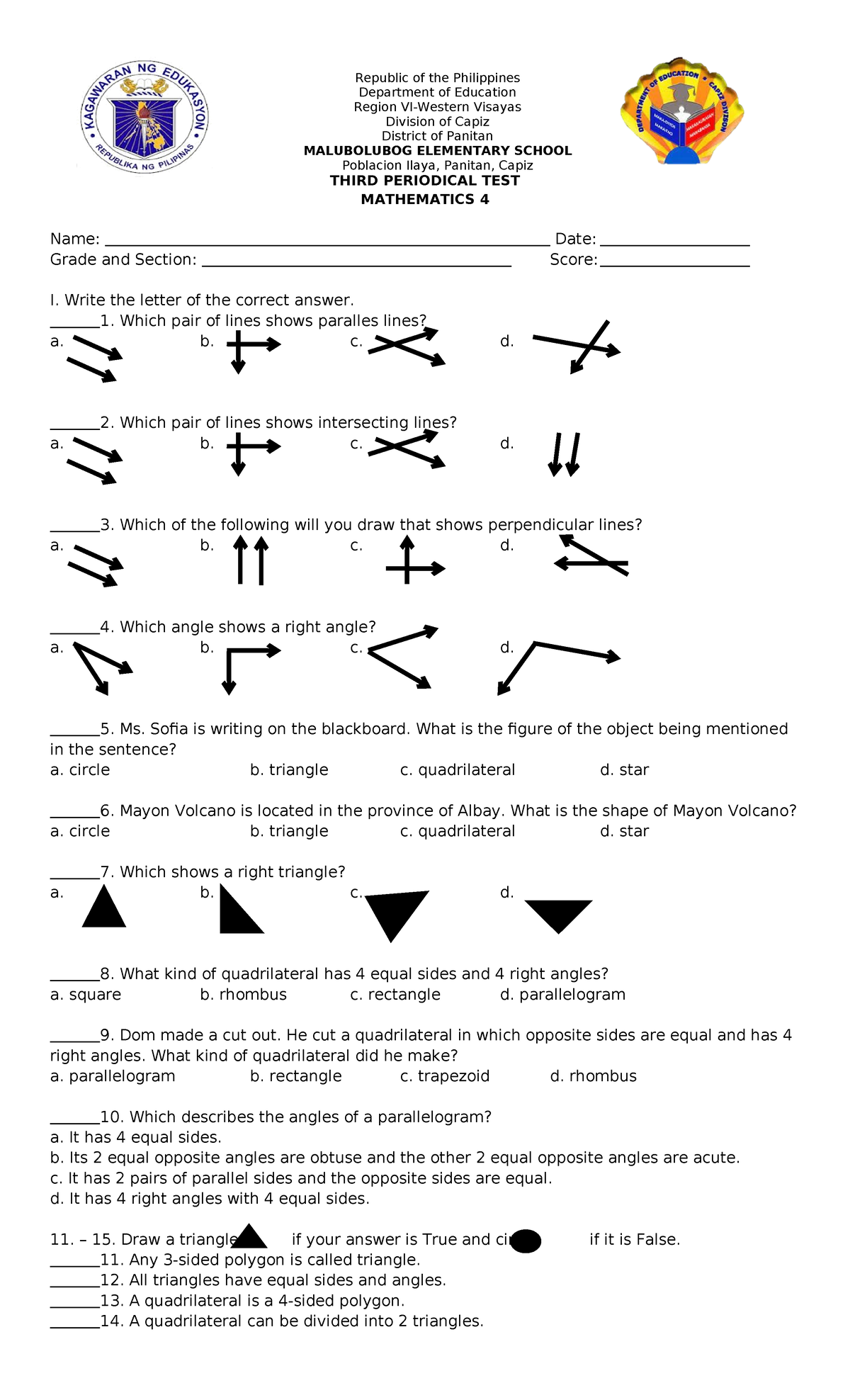 PT Mathematics 4 Q3 - performance task grade 4 - Republic of the ...
