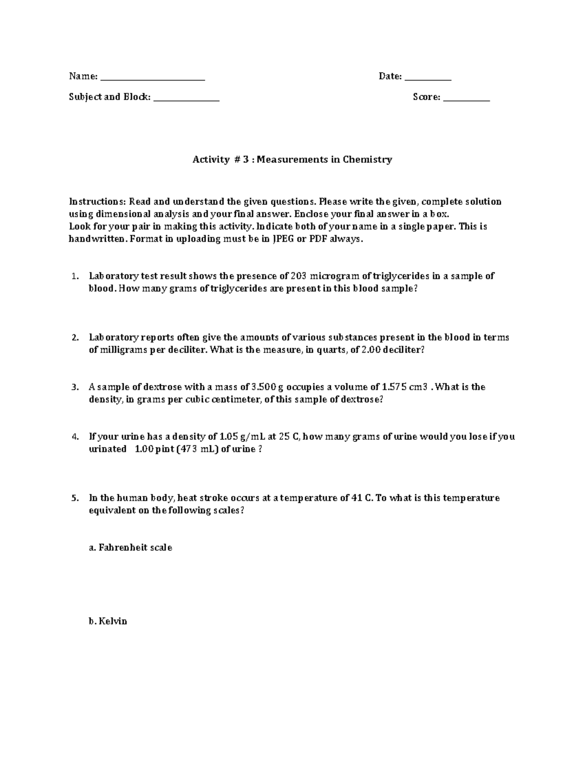 Activity # 3 Measurements in Chemistry - Name ...